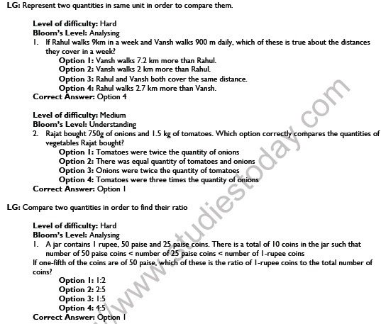 CBSE Class 6 Maths Ratio and Proportion Worksheet Set A